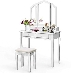 KJNS White Tri Folding Mirror Vanity Makeup Table Stool Set Desk with 4 Drawers Vanity Desk Makeup Vanity Side Tables Bedroom Vanity Table Portable Desk Vanity Set