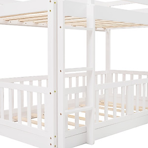 Twin Over Twin Bunk Bed with Slide, Floor Bunk Bed for Kids Toddlers, Wood Low Frame with Ladder and Fence for Boys Girls Teens, White
