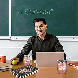 Didaey 48 Pcs Teacher Appreciation Gift Bulk Thank You Teacher Gift for Women 12 oz Wine Tumbler Coffee Mug with Straw Lid Mini Notepad Keychain for Teacher Appreciation Retirement Gifts(Rose Gold)