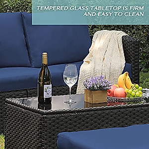 Green4ever 9 Piece Patio Furniture Set, All-Weather Outdoor Sectional Sofa Wicker Rattan Couch Patio Conversation Set with Storage Box, Coffee Table, Ottoman, and Blue Cushion