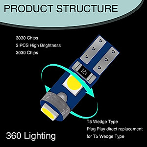 Ajxn 10 PCS Car LED Instrument Light, T5 3030 3SMD Wedge Bulb Instrument Cluster Indicator Light, 74 37 27 17 2721 Bulb Soft Beam Canbus Error-free, Universal for Most Cars Accessories (White)