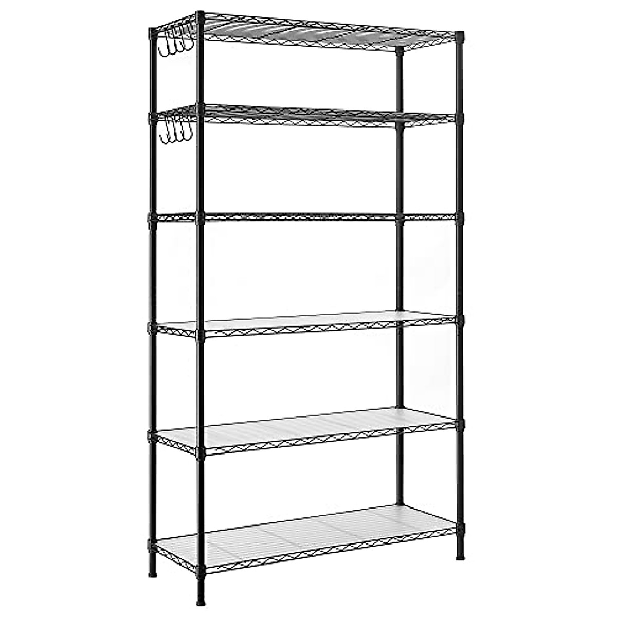 SONGMICS Garage Shelving, 6-Tier Wire Shelving Unit, Kitchen Storage Rack with Adjustable Shelves, Shelf Liners, 8 Hooks, Total Max. Load 528 lb, for Living Room, Garage, Black ULGR096B01