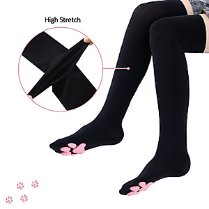 Littleforbig Thigh High Cosplay 3D Paw Pad Silicone Kitten Over The Knee Silk Stockings - Black