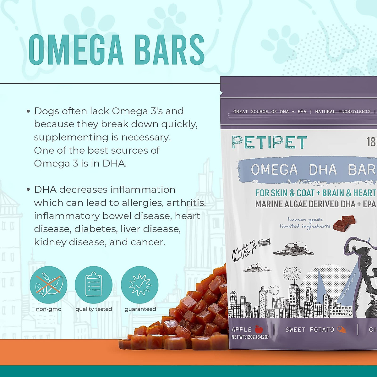 PETIPET Omega 3 Vegan Chew Treats for Dogs - EPA & DHA - Itchy Skin, Soft & Shiny Coat, Shedding, Mange & Hot Spots Treatment, Joint Inflammation, Heart & Brain Health Natural Dog Supplement