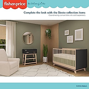 Fisher Price Iris/Siesta Changing Table by Dream On Me, Matte Black Vintage Oak, JPMA & Greenguard Gold Certified, with a Bottom Closed Drawer and Two Open Shelves for Storage