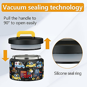 PIQUEBAR 8oz Kids Thermo for Hot Food,Small Lunch Thermos Food Container Stainless Steel,Easy Open Wide Mouth Thermo for Hot Cold Food for Preschool Travel (Black Animal Truck)