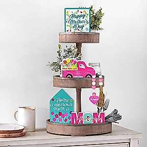 5 PCS Mother's Day Tiered Tray Decor (Tray Not Included) - Happy Mother's Day Mini Wood Sign, Wooden Heart Bead Garland - Mother's Day Party Decor, Mother’s Birthday Party Decorations