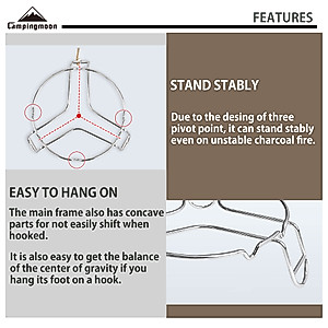 CAMPINGMOON Camping Campfire Trivet Cooking Stand Open Fire Tripod MS-69 Stainless Steel