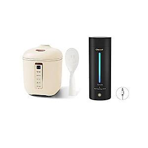 CHACEEF Mini Rice Cooker 2-Cups Uncooked, 1.2L Portable Non-Stick Small Travel Rice Cooker, Beige & CHACEEF Travel Electric Kettle, 350ml Small Portable Kettle with 304 Stainless Steel, Black
