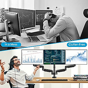 MOUNTUP Triple Monitor Mount, 3 Monitor Stand Desk Arm for Max 32 Inch Computer Screens, Max Extension 64.5" Gas Spring Triple Monitor Holder Support 2.2-17.6lbs, VESA Bracket with Clamp/Grommet Base