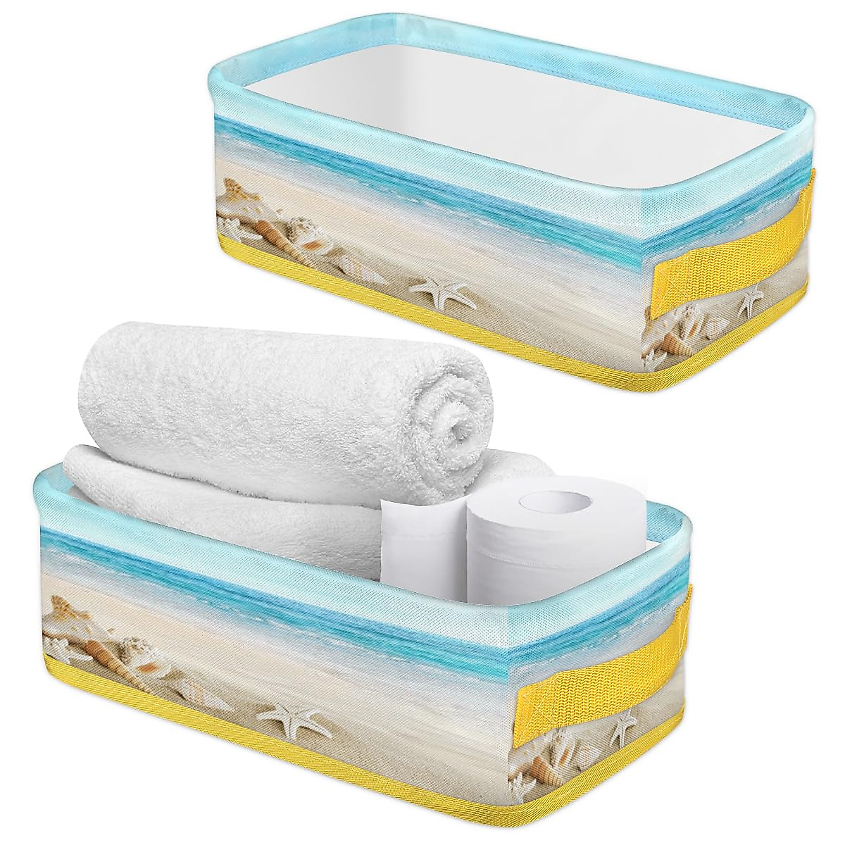 Sea Beach Starfish Bathroom Baskets for Organizing, Summer Seashell Foldable Storage Bins Toilet Paper Basket for Toilet Tank Top Fabric Storage Organizer for Shelves Closet Countertop