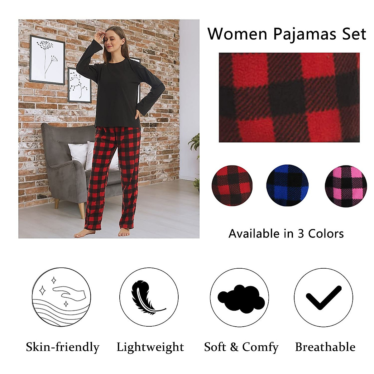 LANBAOSI Christmas Pajama Pants for Women Fuzzy Pack Long Fleece Buffalo Plaid Pj Bottoms Soft Drawstring Lounge Sleepwear Red/Grey
