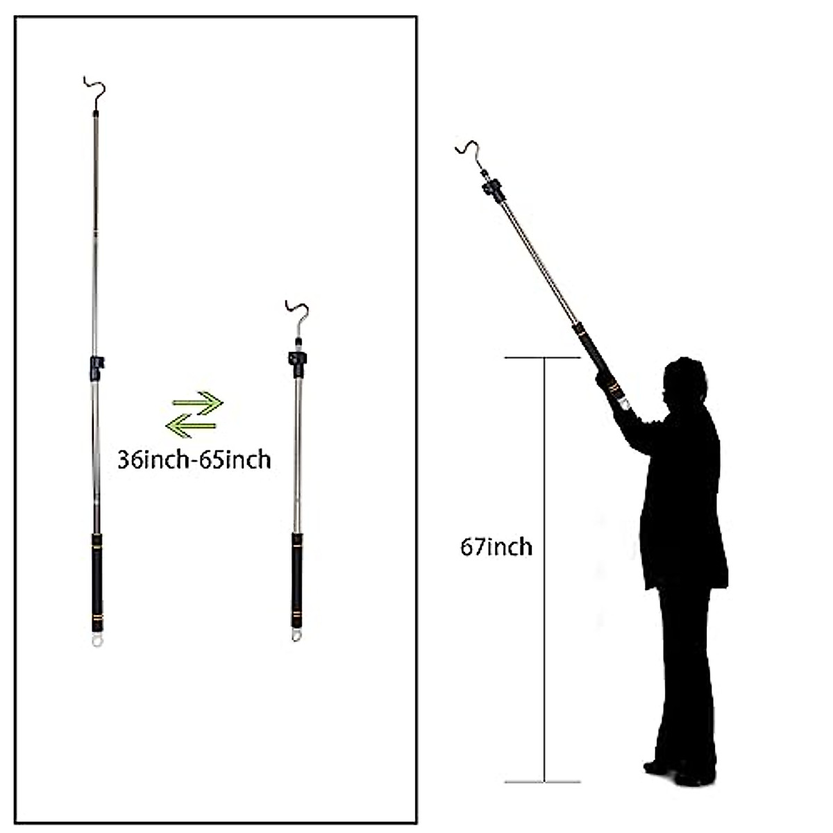 Greeily Clothes Hanger Reaching Hook Telescopic Adjustment clothes hook pole Light and can Extend from 37" to 65" with 4.7 "Hook and Sponge Handle.