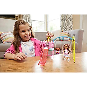 Barbie Club Chelsea Doll and Swing Set Playset with 2 Swings and Slide, Plus Teddy Bear Figure, Gift for 3 to 7 Year Olds