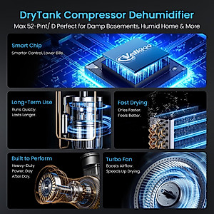 Vellgoo 4,500 Sq.Ft Energy Star Dehumidifier for Basement with Drain Hose, 52 Pint DryTank Dehumidifiers for Home Large Room, Intelligent Humidity Control
