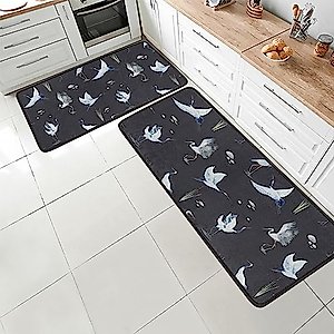 Red-Crowned Crane Kitchen Mat 2 PCS Waterproof Non-Slip Ergonomic Comfort Mat Anti Fatigue Kitchen Rug for Kitchen Floor Home Office Sink 47"X17"+29"X17" Inch