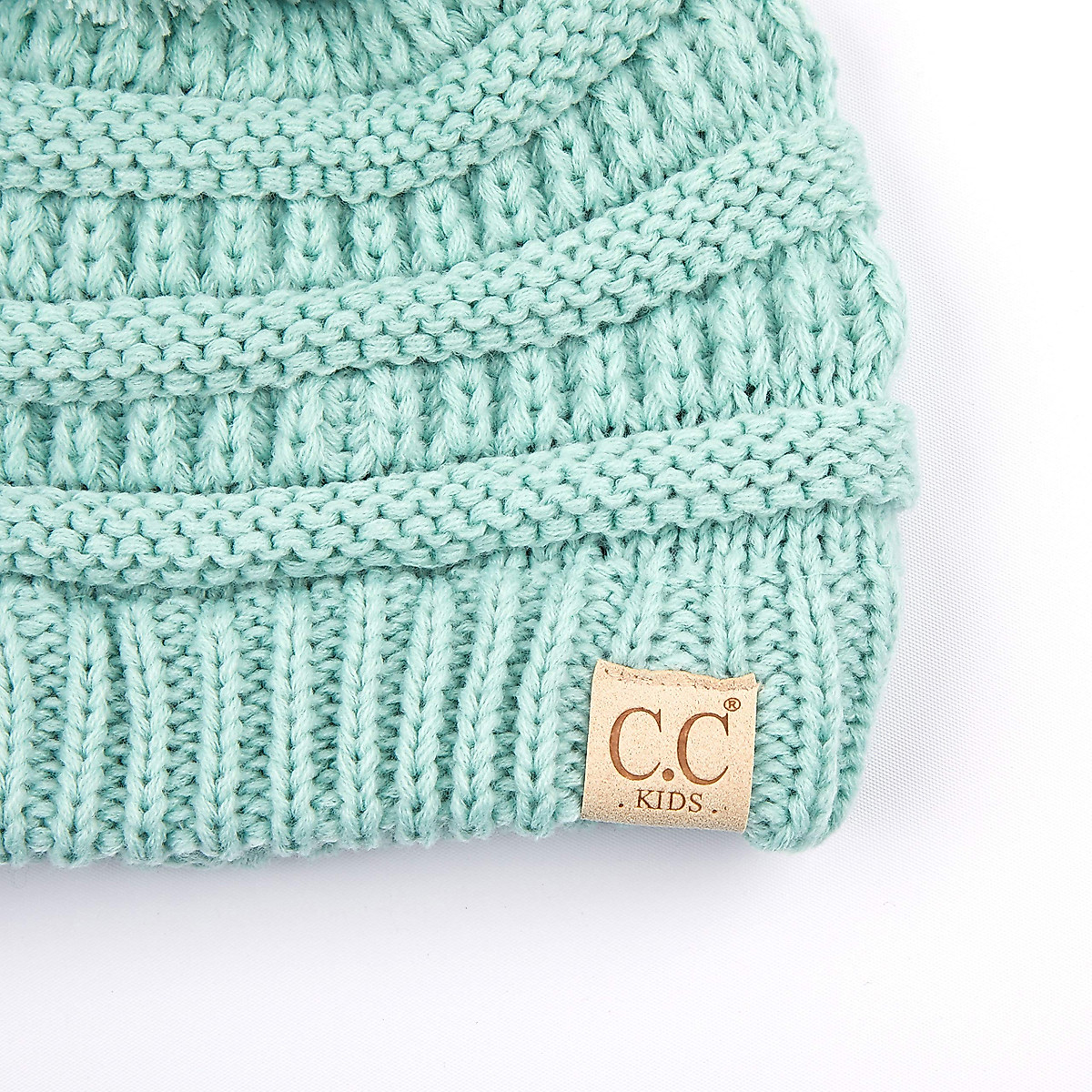 C.C Kids Beanie Ages 2-7 Warm Chunky Thick Stretchy Knit Slouch Beanie Skull Kids Hat with Pom (YJ-847-POM) (Mint)