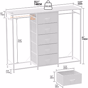 Espelism Dresser for Bedroom with Clothes Rack 5 Drawer Dresser with Charging Station LED Lights White Chest of Drawers Flexible Shelf and Open Storage Space for Bedroom Living Room (White)