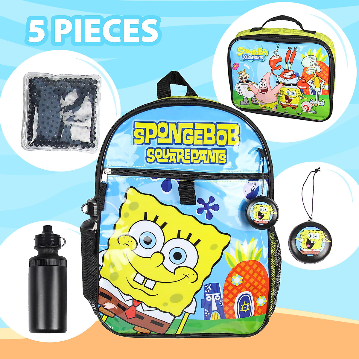 Nickelodeon SpongeBob SquarePants Characters Squidward Patrick Mr. Krabs Sandy Plankton Gary 5 PC Backpack Lunchbox Icepack Water Bottle
