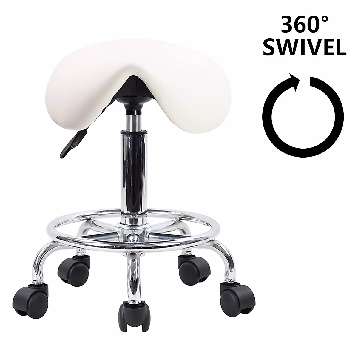 KKTONER Saddle Stool with Foot Rest PU Leather Swivel Adjustable Rolling Stool with Wheels Facial Salon Chair (White)