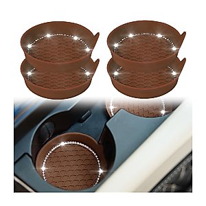 zipelo Bling Car Cup Coaster, 4 Pack Universal Vehicle Anti-Slip Cup Holder Insert Coasters, Crystal Rhinestone Silicone Shockproof Drink Mat, Car Interior Accessories (Coffee)