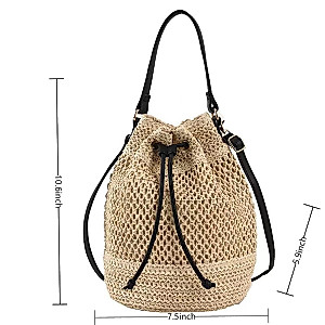 WIGUYUN Women Straw Drawstring Bucket Purse Small Tote Shoulder Handbag Hollow Out Cross-body Bag for Summer,Beach Beige