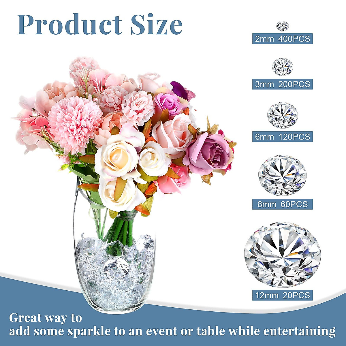 Hicarer 800 Pieces Diamond Decorations Acrylic Diamond Table Scatter Crystals for Table for Vase Fillers Party Table (Clear, 12mm, 8mm, 6mm, 3mm, 2mm)