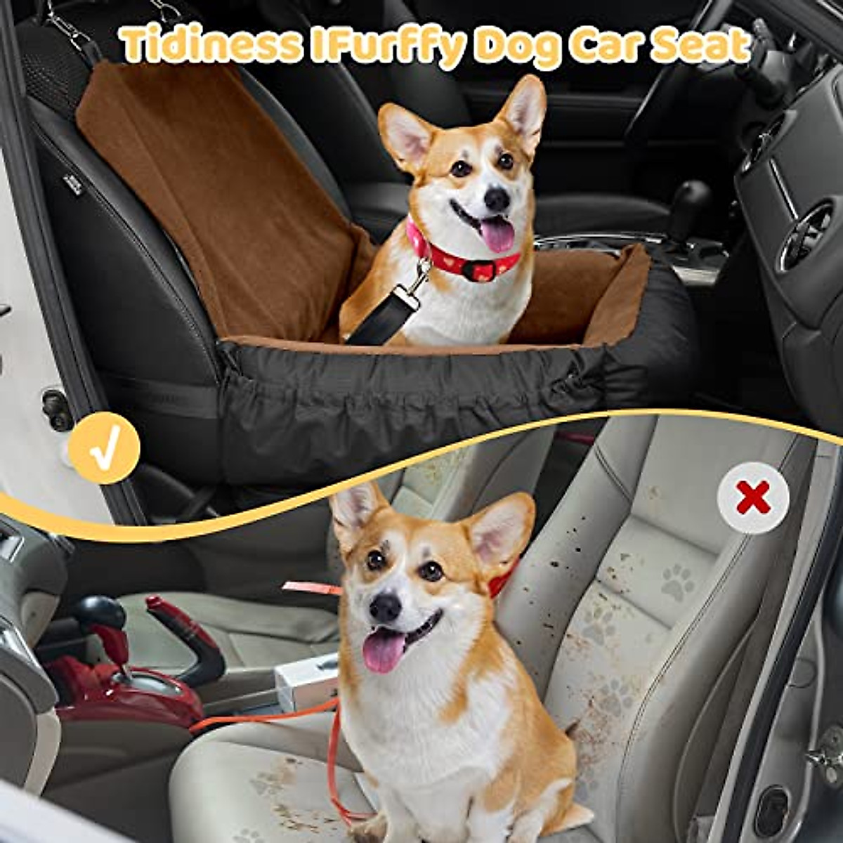 IFurffy Dog Car Seat, Pet Car Seat with Storage Pockets and Clip-On Safety Leash, Washable Coral Fleece Dog Booster Seat for Small Medium Dogs, Small Dog Car Seat for Travel Dog Car Bed (Brown)