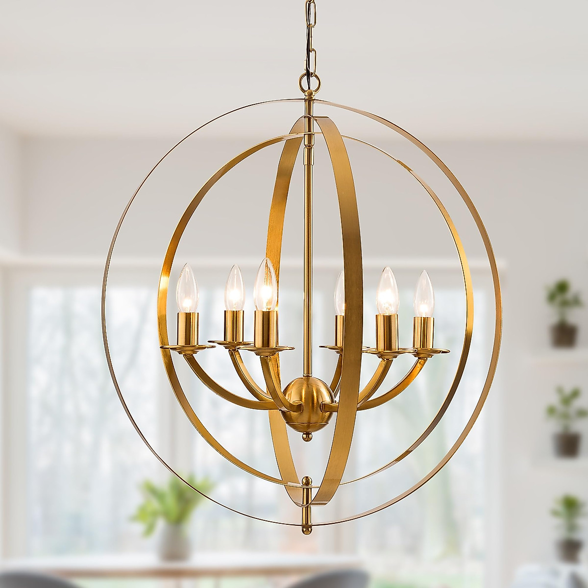 Hanging Lamp , Chandeliers,Gold Pendant Lights for Kitchen Island, Modern 6 Lights Globe Pendant Light Fixtures, Adjustable Orbits Ring Hanging Light, Farmhouse Ceiling Lights for Dining Room Bedroom