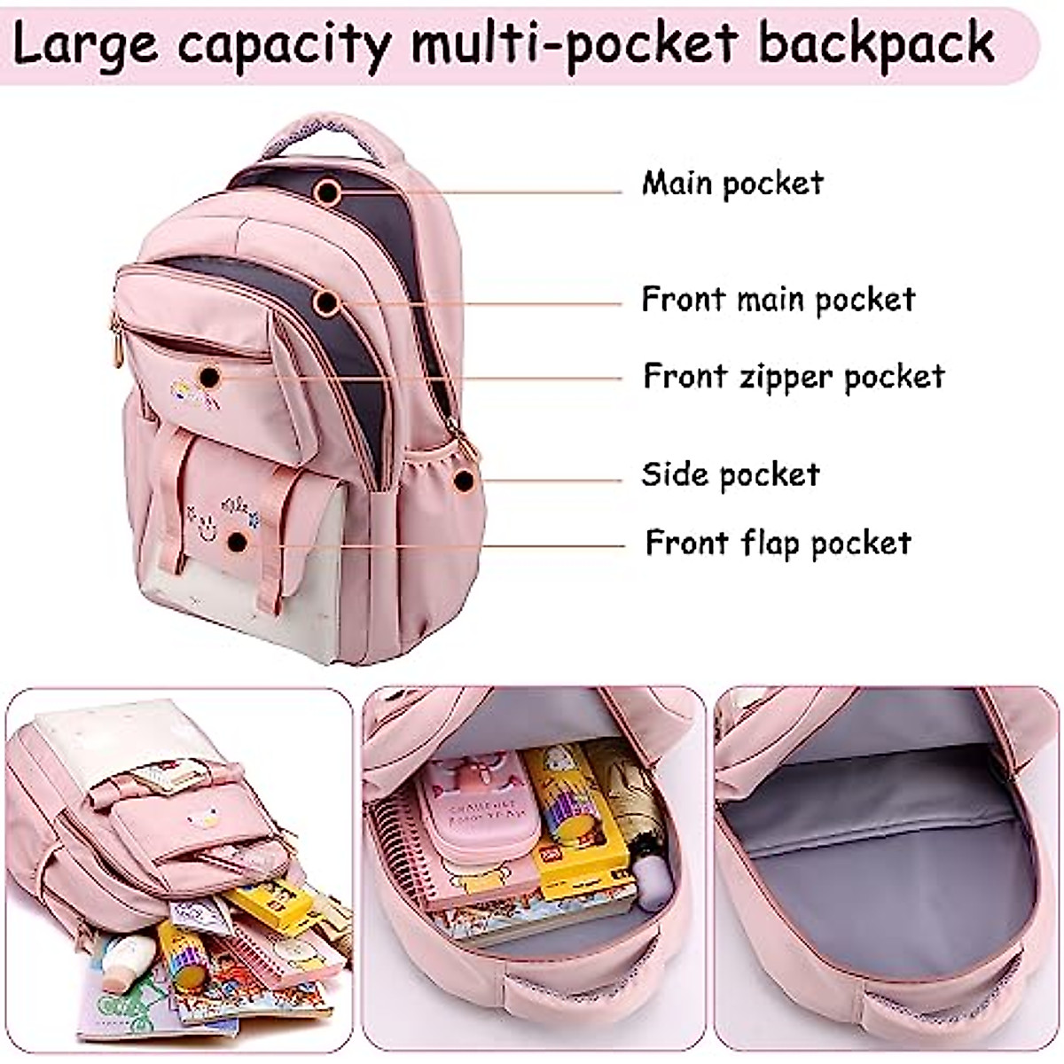 Makukke Backpack for Girls Kids, Cute Kawaii School Bag Lightweight Bookbag Backpack for Middle & High School with Anti Theft Pocket,Beige Backpack