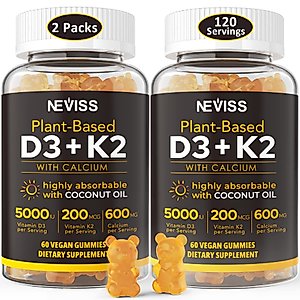 Vitamin D3 5000iu & K2( as MK7 ) 200mcg Gummies + 600mg Calcium, with Coconut Oil for High Absorption, Maximum Strength Vitamin D3 K2 Supplement - Support for Bones Muscle Teeth Immune, Vegan 2Packs