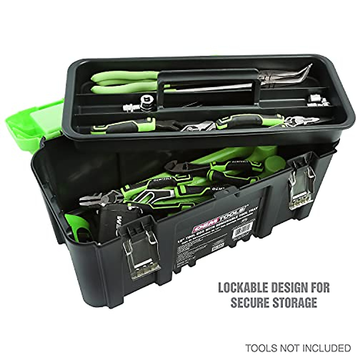OEMTOOLS 22160 19" Tool Box with Removable Tool Tray, Security Slot for Padlocks, Easy Access Tool Box Multiple Compartments Lid, Max. Weight 40 Lb.