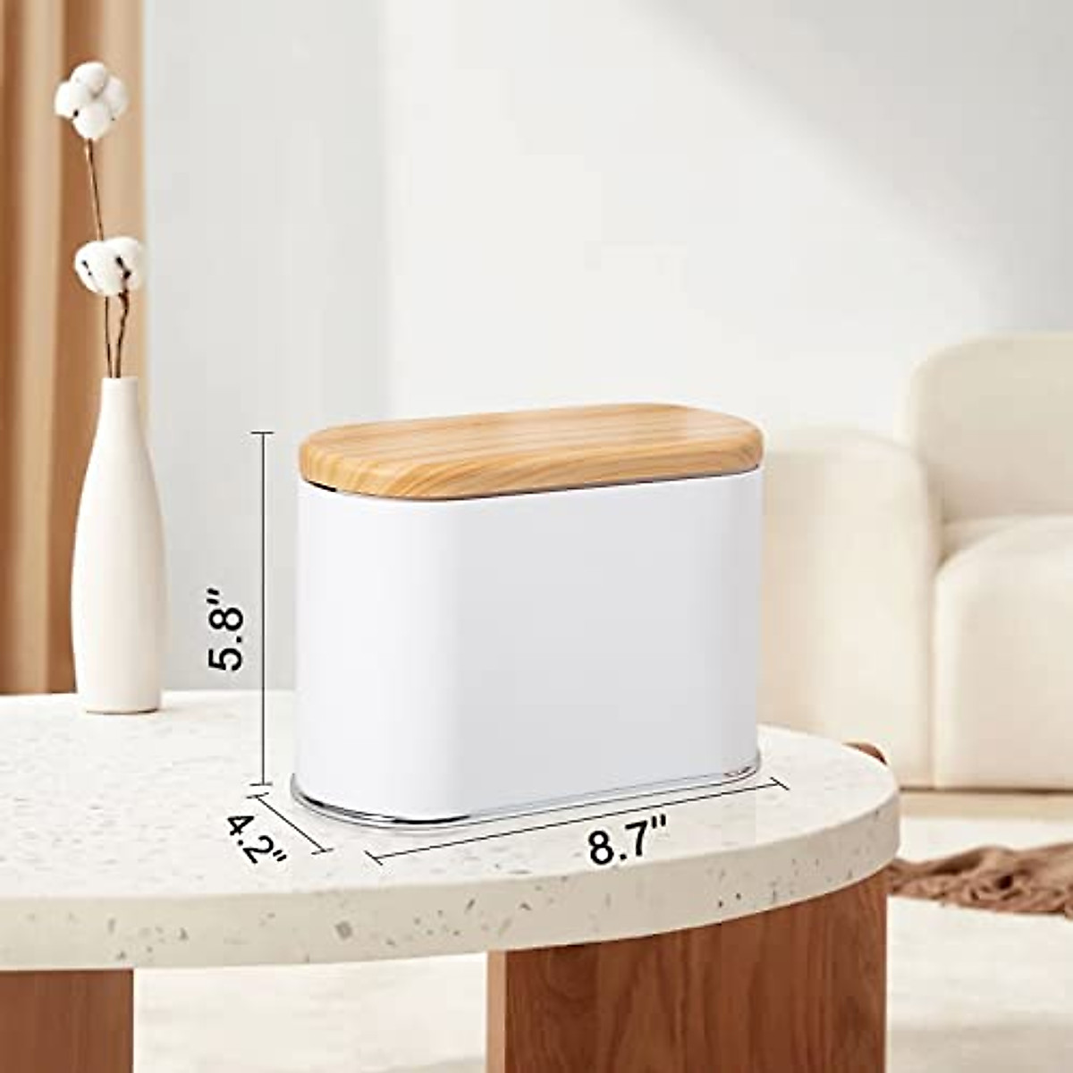 SYNCVIBE Mini Trash Can with lid Small Countertop Trash Can with Wood Grain Lid, 0.5 Gallon Tiny Desktop Wastebasket with Lid, 2 Liter Pop Up Plastic Trash Bin for Bathroom, Bedside, Study, Office