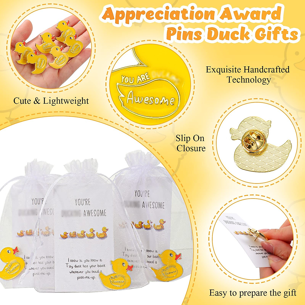 Fuutreo 100 Set Yellow Duck Brooches with You're Awesome Funny Pun Cheer up Card Duck Lapel Pins for Backpack Employee Appreciation Gift for Women Student Camp Gifts Coworker (Yellow)