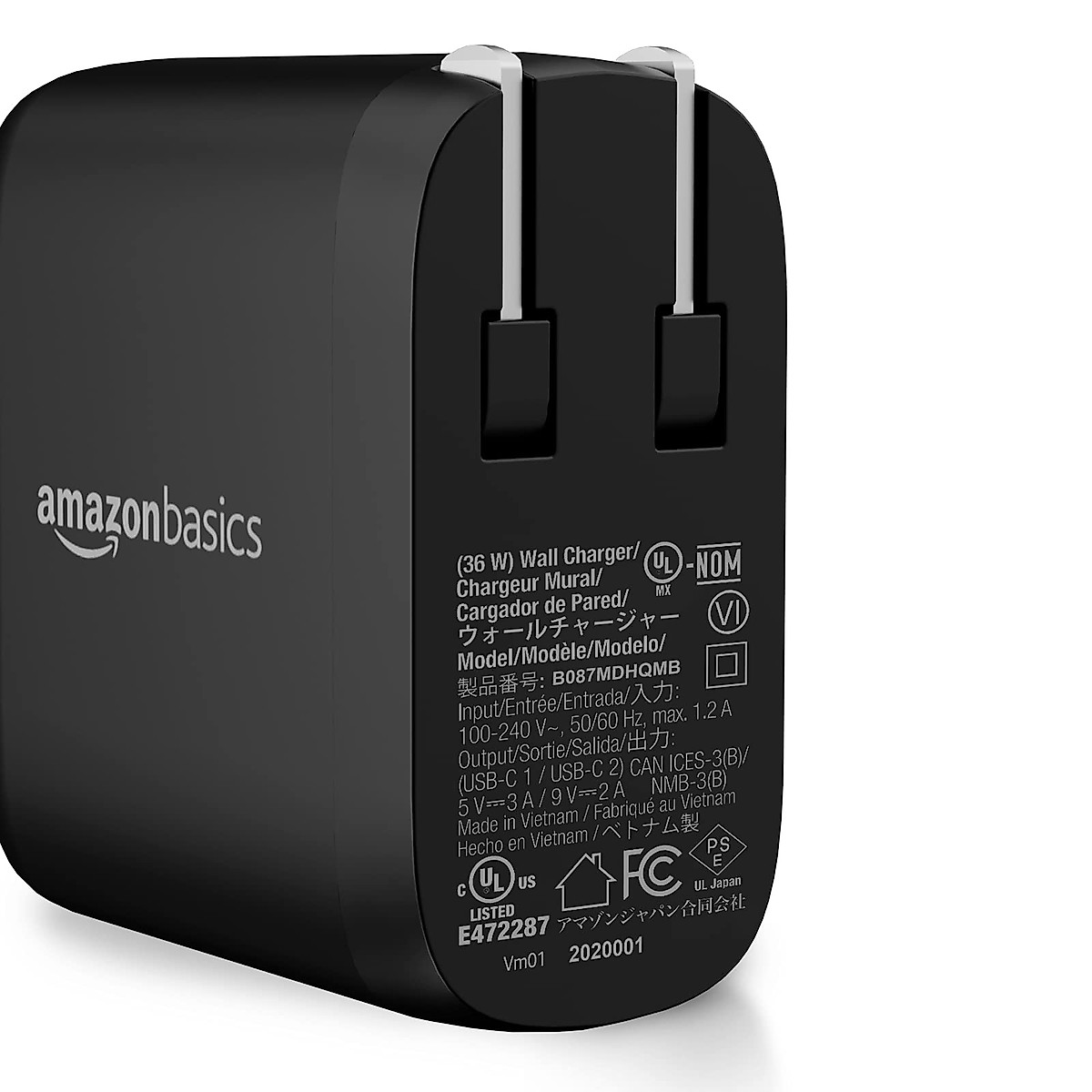 Amazon Basics 36W Two-Port USB-C Wall Charger (18W per port) with Power Delivery PD For Tablets & Phones (iPhone 15/14/13/12/11/X, iPad, Samsung, and more), non-PPS, 2.34 x 2.21 x 1.09 inches, Black