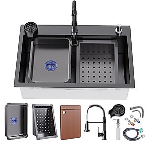 29.5 x 18 inch Kitchen Sink, Single Bowl Stainless Steel Sink Multifunctional Drop In Sink with Pull-Down Faucet and Multiple Accessories (Black Grey, 29.5 * 18)
