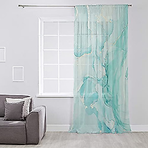 Chiffon Sheer Curtains & Drapes 54 Inch Long, Lightweight Breathable Voile Window Curtain Panels Turquoise Green Marble with Gold Glitter Splatter Curtains Backdrop Drapes for Livingroom Wedding
