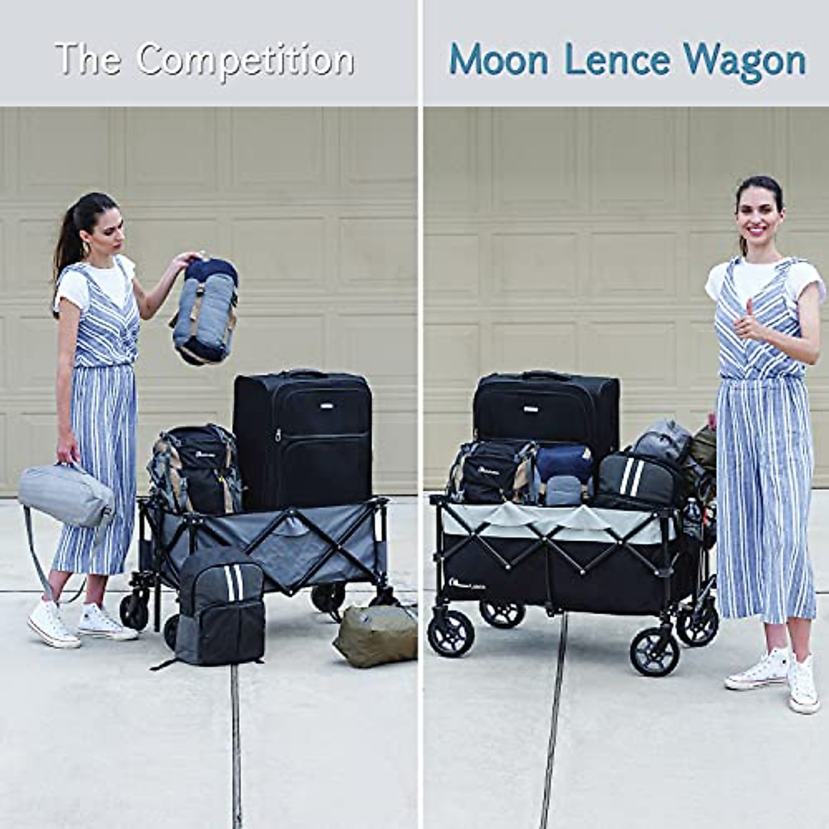 Moon Lence Collapsible Outdoor Utility Wagon Heavy Duty Folding Garden Portable Hand Cart with All-Terrain Beach Wagon ，Big Wheels, Adjustable Handle & Drink Holders