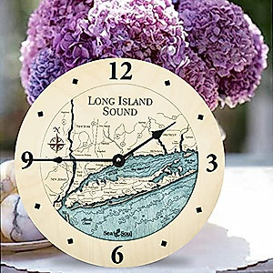 Sea & Soul Long Island Sound 3-D Nautical Wood Chart 12" Wall Clock, Handcrafted in The USA, Topographic Water Map Clock, Carved Lake Art Wall Clock, Coastal Décor (Deep Blue)