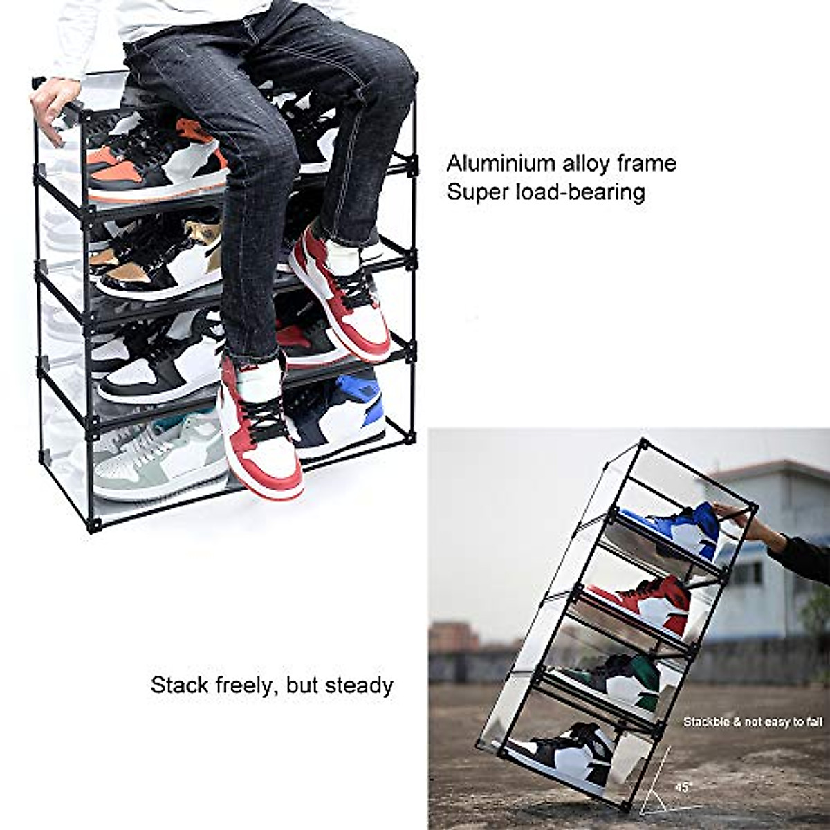 Sneaker Display Case Clear Shoe Box Stackable Shoe Storage Shoes Display Shelf Case with Drop Front Side-open Shoe Container Transparent Plastic Shoes Organizer Shoe Display Case Boxes Organizador de Zapatos (black8)