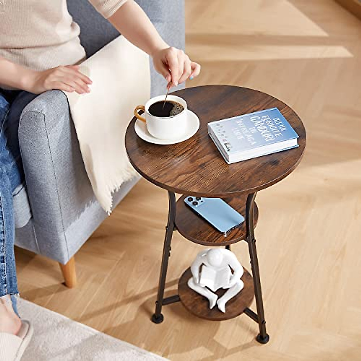 Dulcii Small Round End Table for Narrow and Small Space, 3-Tier Round Accent Couch Beside Table, Modern Side Table Corner Sofa Table Nightstand for Living Room Bedroom