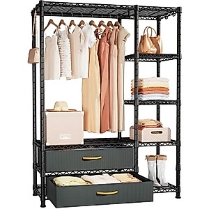 Ulif F3 Freestanding Closet Garment Rack, 5 Tiers Adjustable Heavy Duty Clothes Organizer Storage with 2 Fabric Drawers, Suitable for Bedroom, Apartment, and Cloakroom, 39.4"W x 14.5"D x 71.2"H, Black