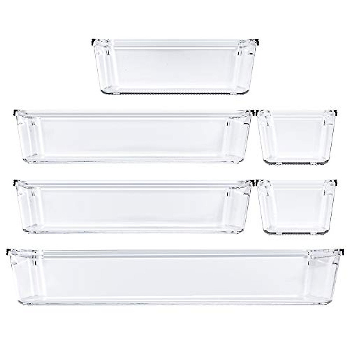 Slideep Clear Desk Drawer Organizer Trays, Dresser Desk Drawer Dividers Large Capacity Plastic Storage Bins for Cosmetic, Makeup Trays, Kitchen Gadgets, Office Accessories, 4 Different Sizes, 6 Pcs