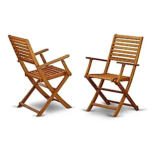 East West Furniture BBSCANA Beasley Folding Patio Dining Chairs With Arm Rest - Acacia Wood, Set of 2, Natural Oil