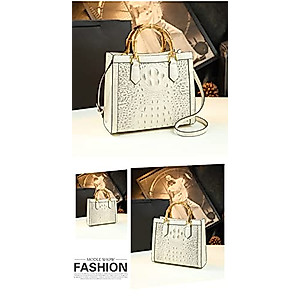 Crocodile Pattern Leather Women's Bag Bamboo Top-Handle Satchel Handbags Portable Tote Bag Shoulder Messenger Bags (White)