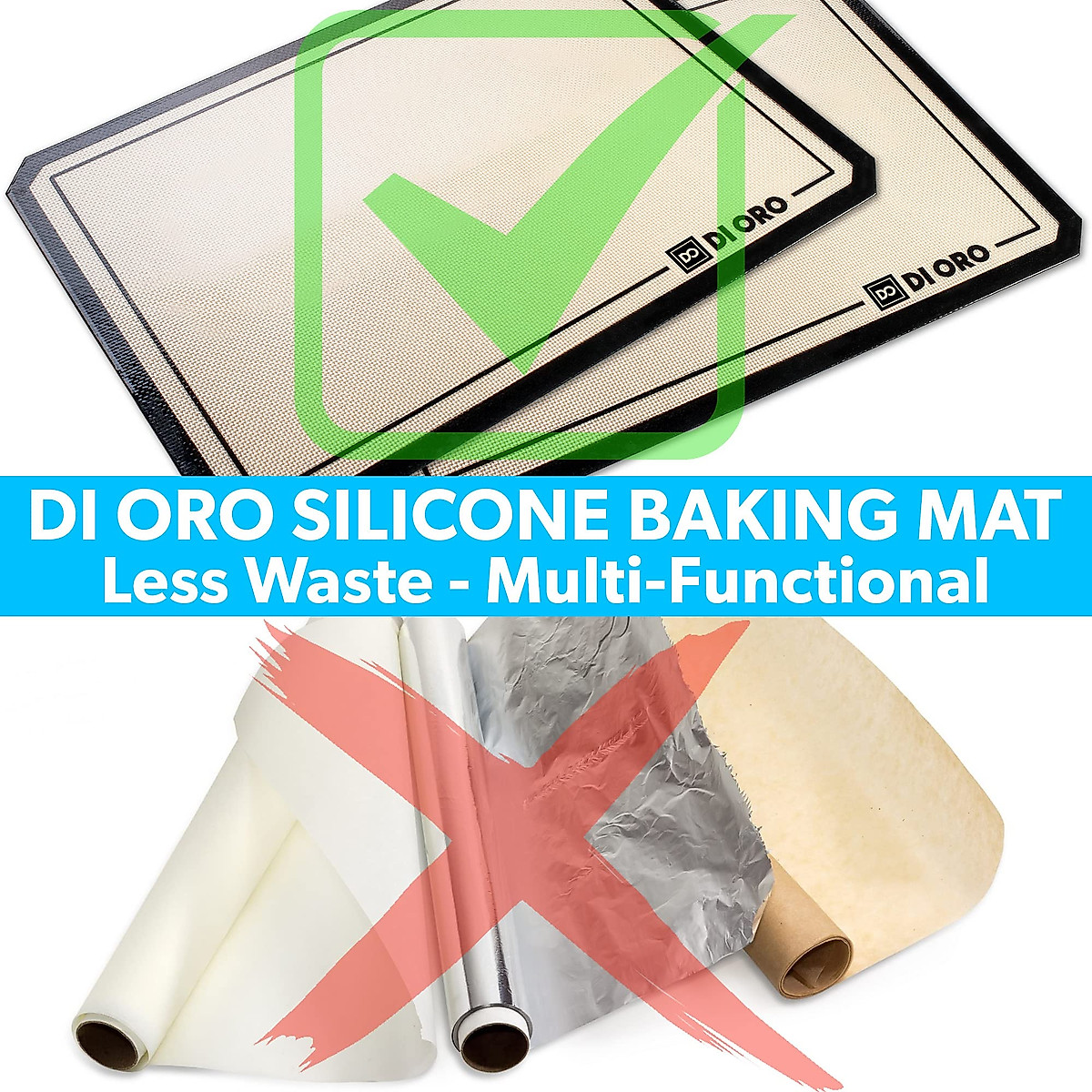DI ORO Silicone Mats for Baking - Baking Mats Silicone for Baking Sheets - 480°F Heat-Resistant Nonstick Silicone Cooking Mats & Oven Liners - 16 1/2" × 11 5/8" - BPA Free Kitchen Cookie Sheets (2pc)
