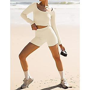 ZESICA Women's Casual 2 Piece Lounge Set Long Sleeve Ribbed Knit Top and High Waist Shorts Workout Set Active Wear Outfits,Beige,Medium