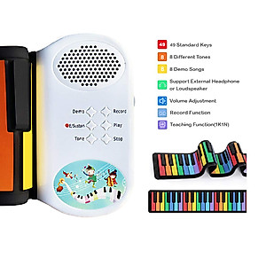 iLearnMusic Roll Up Piano | Portable Keyboard Piano | Hand Roll Electric Piano Keyboard | Premium Silicone & Built-In Speakers (49 Keys, White)