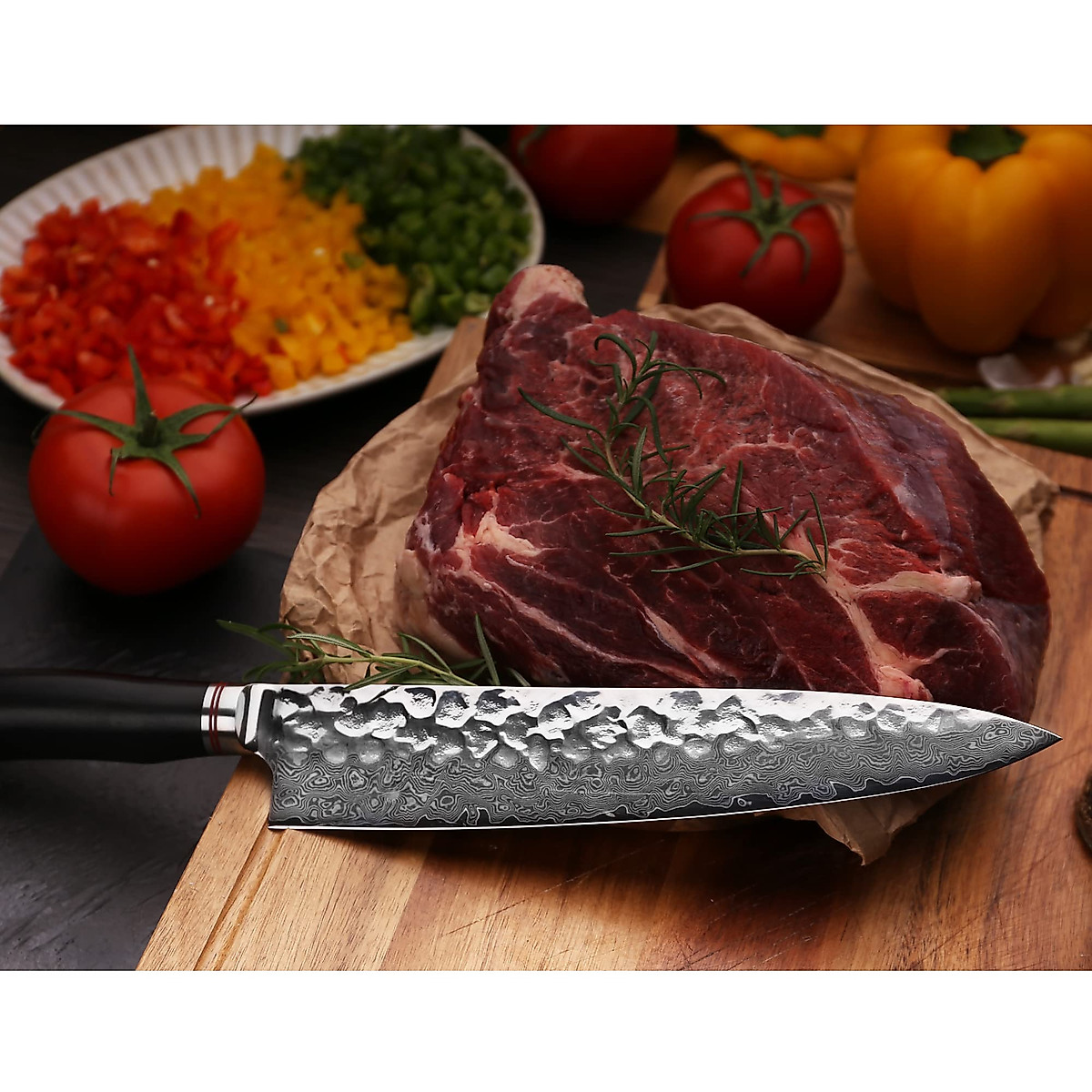 YOUSUNLONG Gyuto 10 inch Pro Chef's Knives Japanese Hammered Damascus Natural Leadwood Handle with Leather Sheath