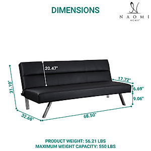 Naomi Home Zoe Futon Sofa Bed, Faux Leather Futon Couch, Modern Convertible Folding Sofa Bed Couch with Chrome Legs, Reclining Mini Couch, Leather Futon Small Couch for Bedroom Living Room - Black